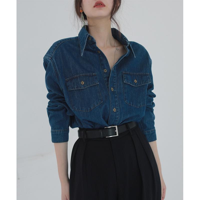 シャツ レディース デニム ウォッシュ加工 小尖领 レトロ トップス アウター 深藍色 普段使い