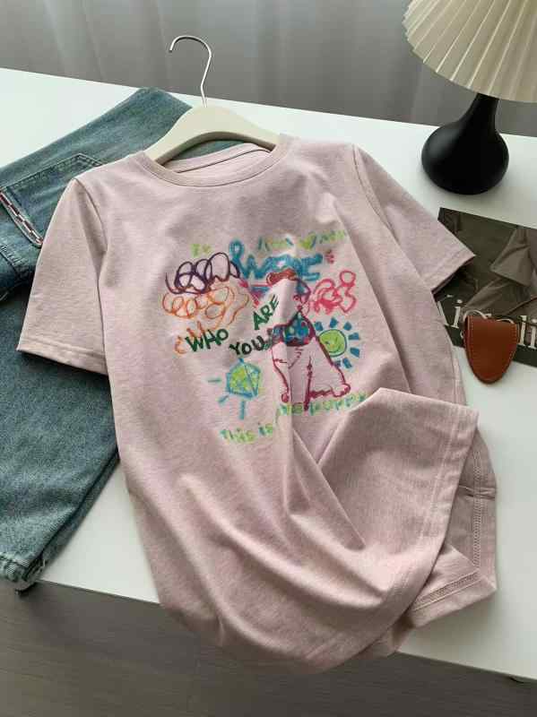 2Tシャツ レディース かわいい 半袖 夏 ゆったり プリント カットソー トップス ラウンドネック 薄手 接触冷感 チュニック カジュアル・主な素材: 綿・柄: 动漫卡通・スタイル: 套头・袖丈: 半袖・工艺: 印花・版型: 宽松型・衣长...