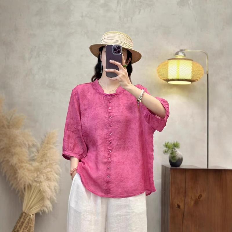 シャツ レディース リネン 刺繍 スタンドカラー ブラウス 七分袖 リネンシャツ レトロ エスニック 春夏