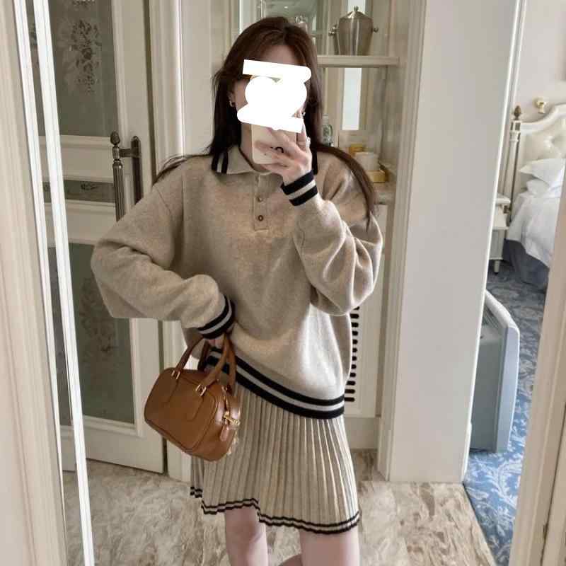 ニット レディース ニットセットアップ ポロネック ニットトップス ミニスカート 秋冬 長袖 学院風 かわいい 茶系 普段使い