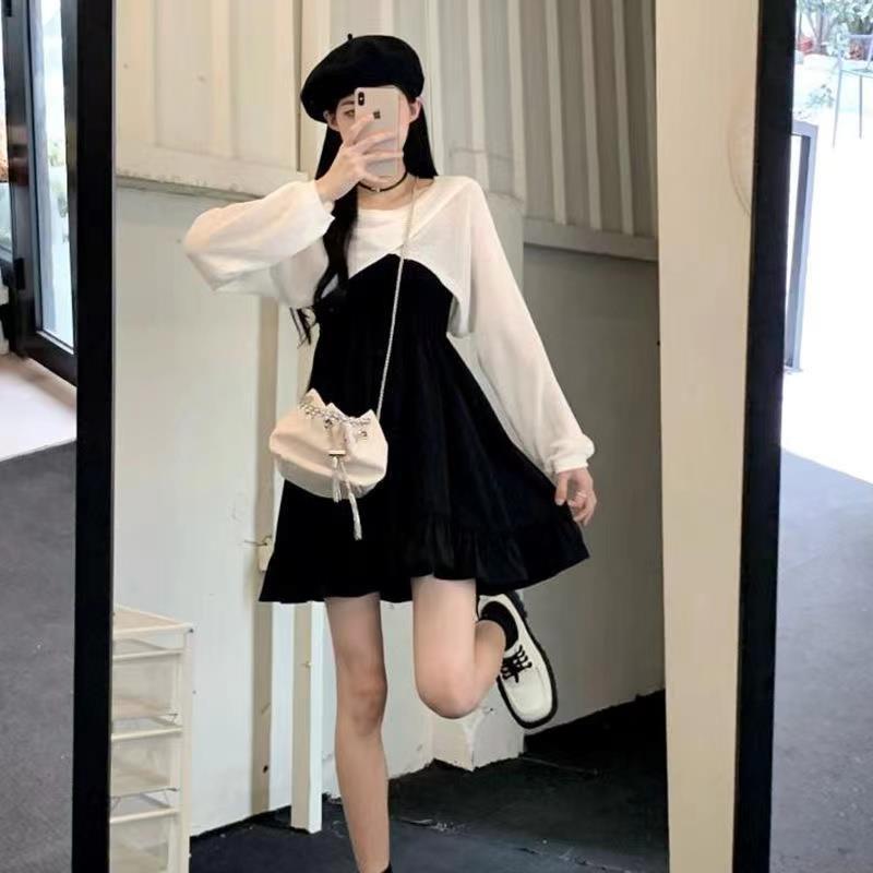 ワンピース レディース 春夏 黒 膝丈 ノースリーブ Aライン ニット カーディガン 2点セット シフォン ドッキング 切り替え おしゃれ かわいい パーティー・スカート丈: ミモレ丈・流行のデザイン: -・製法: 裁断/パッチワーク・素材...