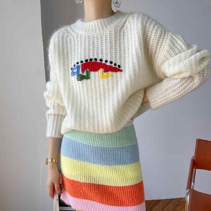 ニット レディース 秋冬 2点セット 刺繡入り リラックスフィット プルオーバー セーター 丸首 ハーフスカート レインボー スカート ニットセットアップ