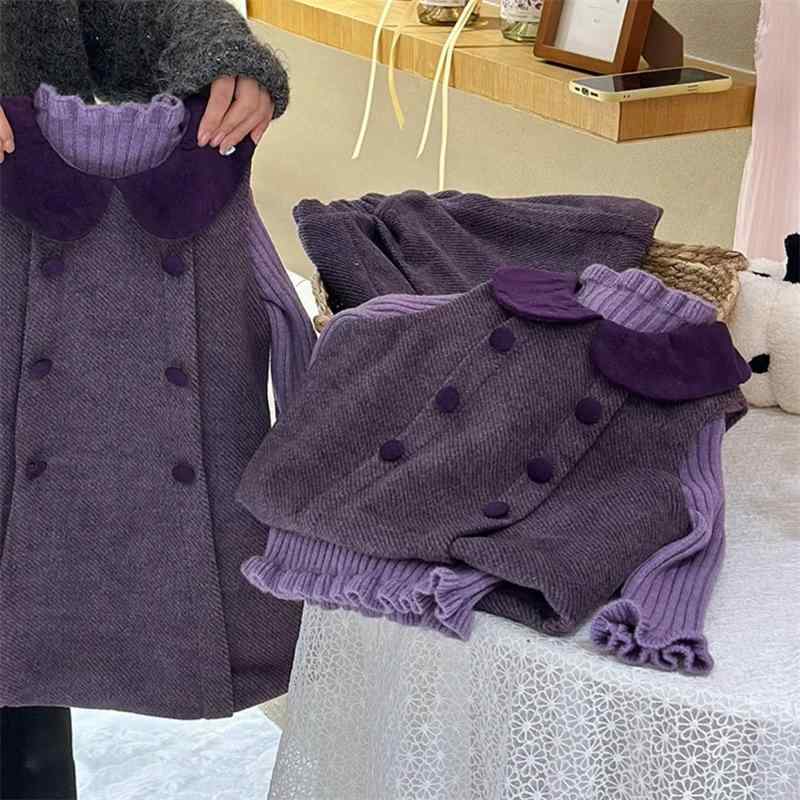 ワンピース キッズ 冬物 ニット 花柄 斜め ストライプ ウール ベスト スカート セットアップ ライラック パープル 2点セット