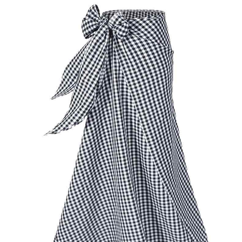 スカート レディース 春夏 ニット トップス セットアップ チェック柄 Vネック 細見え・柄: 格子・スカート丈: ロング・流行の要素: 紐・素材: 粘胶纤维・主素材: 粘胶纤维 30～50%・カラー: 黒上衣, 格子柄スカート・サイズ: ...