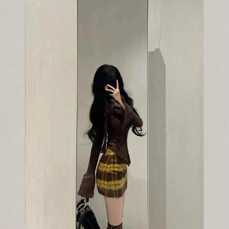 ニット カーディガン レディース 春 長袖 高見え ニット トップス ハイウエスト タイトスカート セットアップ レトロ チェック柄