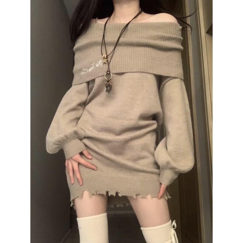 ワンピース レディース 春夏 ニット 一字肩 ウエストマーク タイトスカート ミニスカート かわいい デザイン性