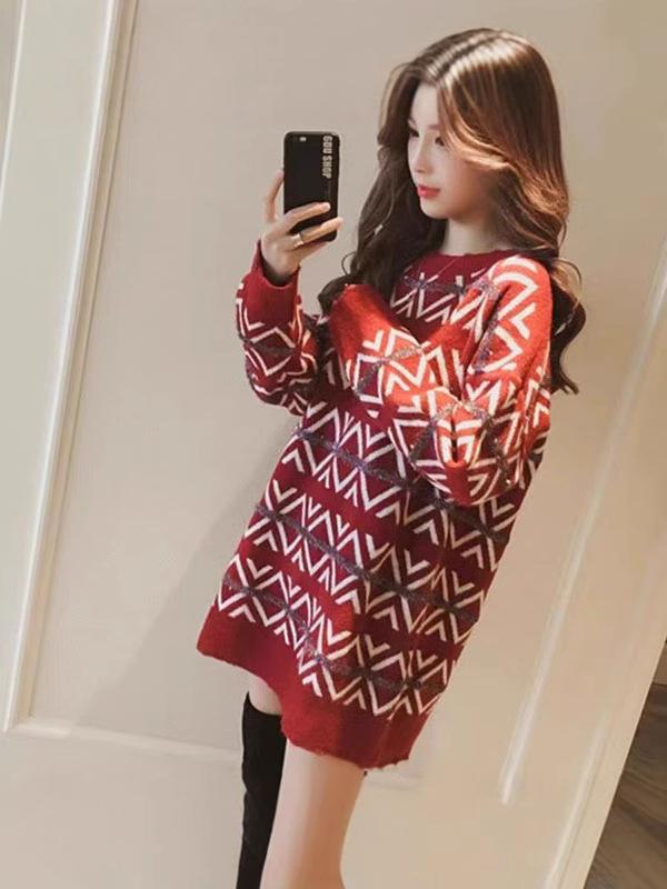 ワンピース レディース 秋冬 ニットワンピース チュニック 長袖 ゆったり 厚手 ロング丈 接触冷感 伸縮性 Aライン きれいめ かわいい 赤