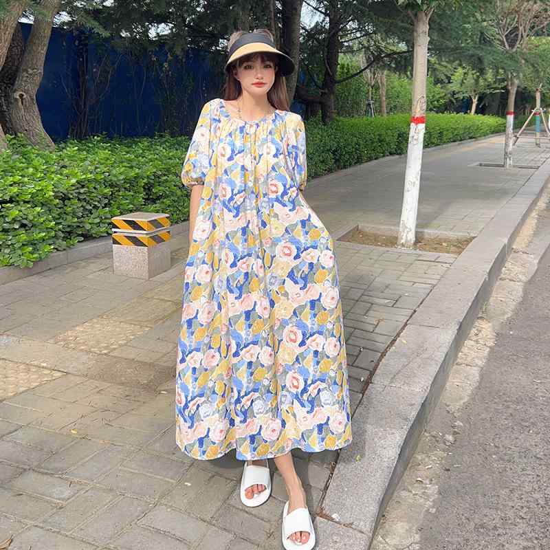 ワンピース レディース 春夏 綿 接触冷感 接触涼感 プリント 花柄 ロングワンピース ギャザー ランタンスリーブ ゆったり 楽ちん リラックス 普段使い かわいい ビーチ 海水浴
