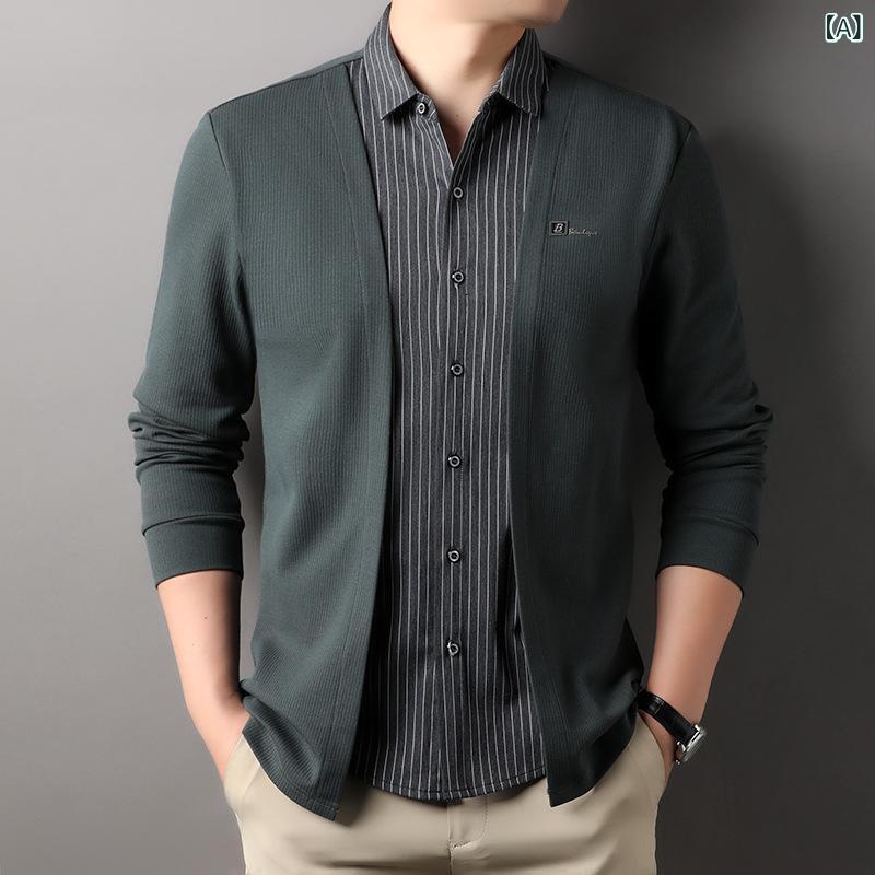 シャツ メンズ 男性用 春秋 ストライプ トップス 切り替え 重ね着風 カジュアル 普段使い
