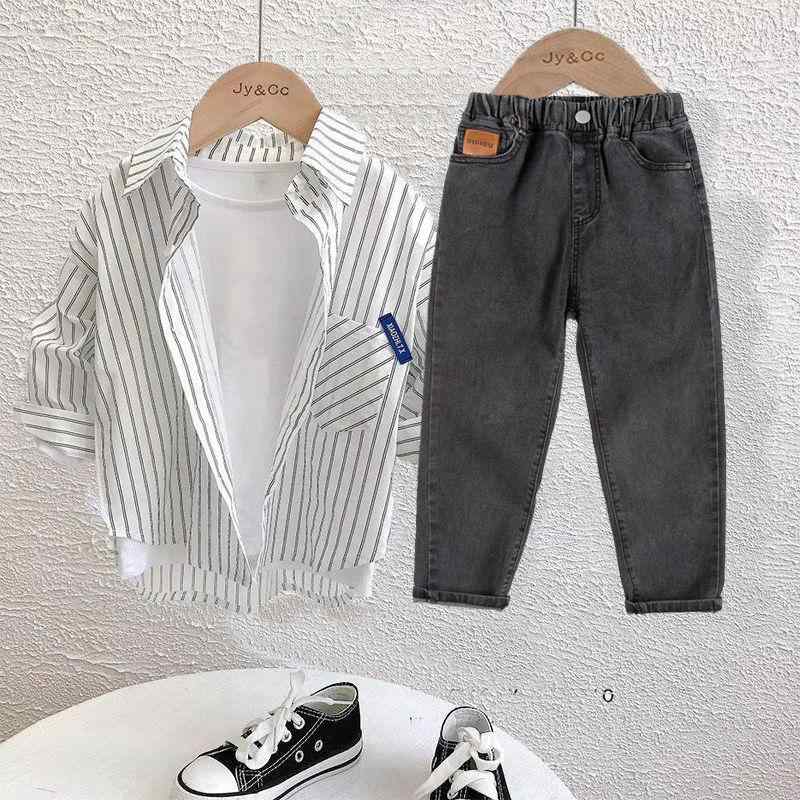 キッズ ボーイズ ストライプ シャツ 長袖 コットン デニムパンツ 上下セット 3点セット 春秋・対象性別: 男児・スタイル: カジュアル・セットタイプ: パンツセット・セット内容: 3点・対象年齢: 新生児 (0～1歳, 80cm以下)・...