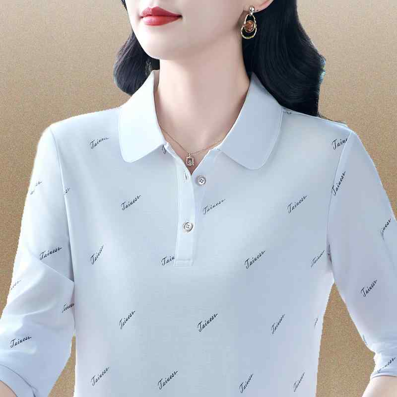 Tシャツ レディース 春秋 長袖 ファッション ポロシャツ ゆったり 百搭 インナー トップス プリント 襟付き かわいい