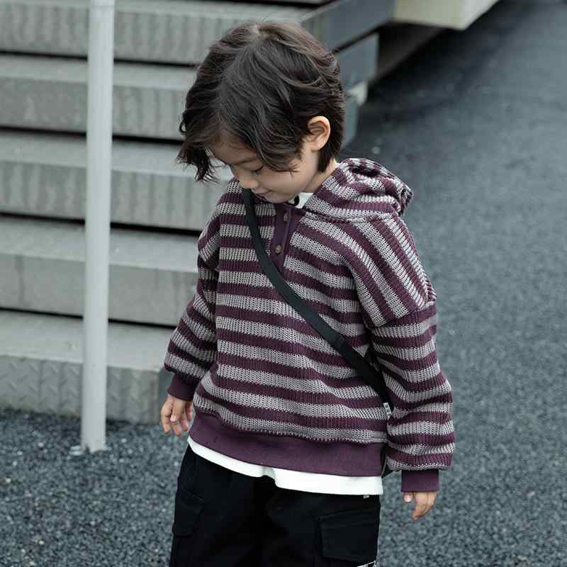 キッズ ニット パーカー 秋冬 裏起毛 ストライプ 厚手 トレーナー 子供 男の子