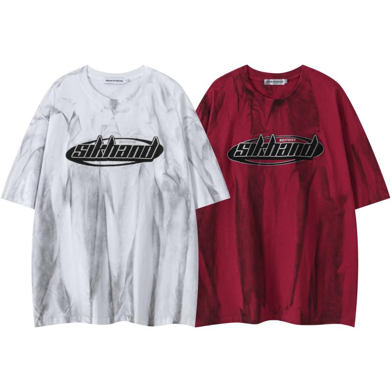 Tシャツ 男性用 ゆったり カジュアル 半袖トップス 絞り染め 刺繍 綿100％ 普段使い 部屋着