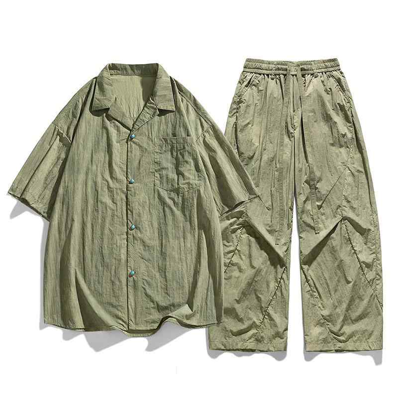 シャツ 男性用 大きいサイズ 接触冷感 トップス &amp; パンツ 2点セット 涼しい 再生繊維 半袖シャツ 長ズボン 上下セット 普段使い 部屋着