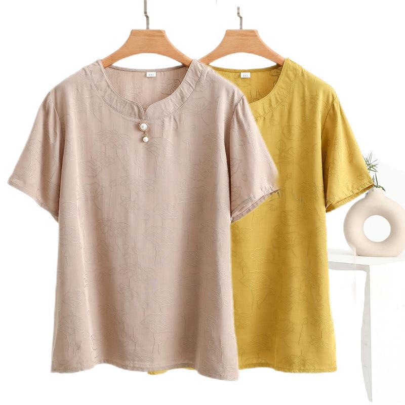 Tシャツ レディース 提花 コットン 中高年 ママ トップス 夏 薄手 人造 綿 ゆったり ブローチ付き カットソー 婦人服 普段使い かわいい リラックス おしゃれ着