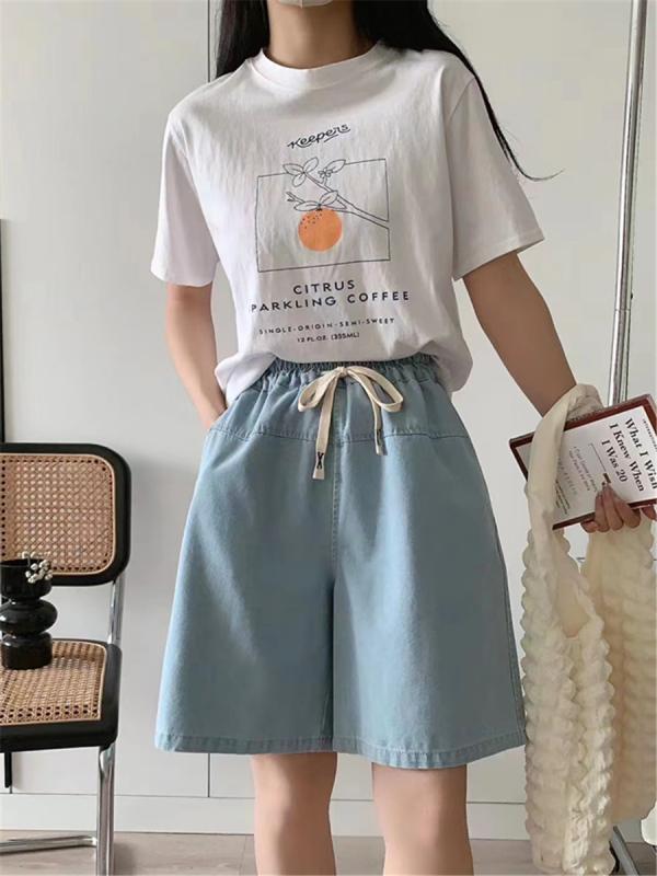 デニム ショートパンツ レディース 春夏 ゆったり カジュアル シンプル 着痩せ ストレート ワイドレッグ ドローストリング ゴムウエスト ハーフパンツ