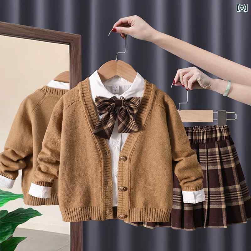 セットアップ キッズ 女の子 JK制服 フォーマル スーツ 春秋 ニット カーディガン プリーツスカート 3点セット 韓国風 子供服 かわいい ガーリー