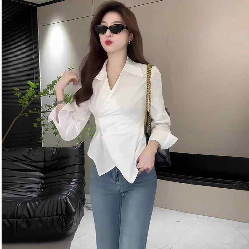 2シャツ レディース 春物 韓国風 かわいい 配色 ストライプ アシンメトリー デザイン ウエストマーク スタイルアップ 短め トップス ブラウス カットソー きれいめ カジュアル