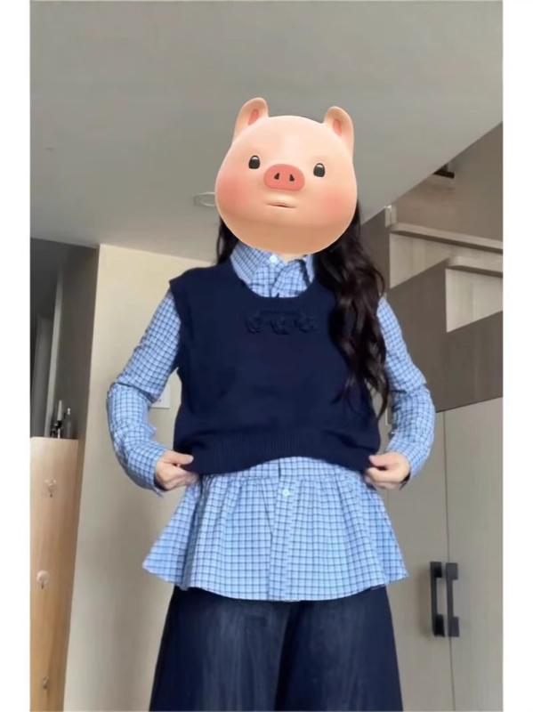 ニット レディース かわいい 韓国風 Vネック 提花 ノースリーブ レイヤード ベスト 重ね着 チェック柄 シャツ 2点セット