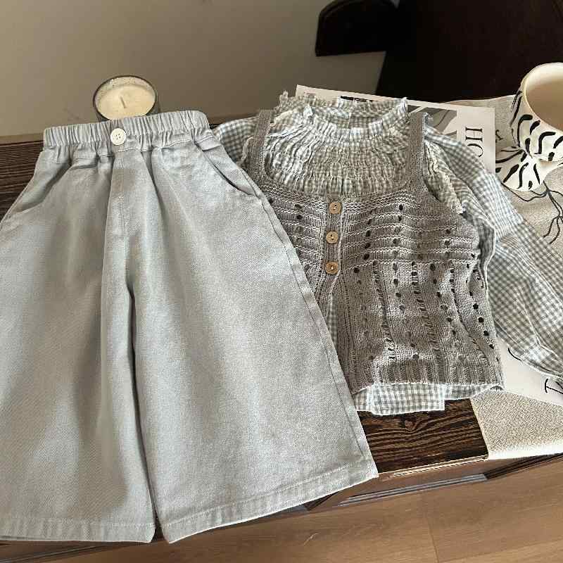 子供服 女の子 チェック柄 シャツ ニット サロペット 闊腿パンツ ワイドパンツ ブルー 春物 ガールズ トップス ボトムス 韓国風 かわいい おしゃれ 普段着