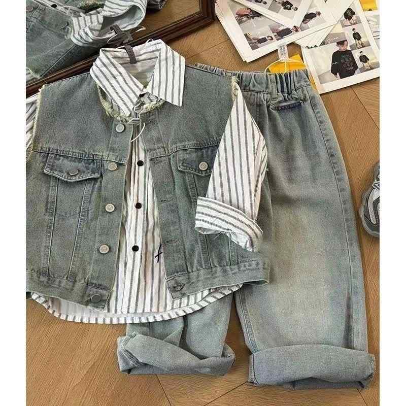 キッズ 子供 デニムベスト ストライプシャツ セットアップ 春物 韓国風 洋服 かわいい おしゃれ