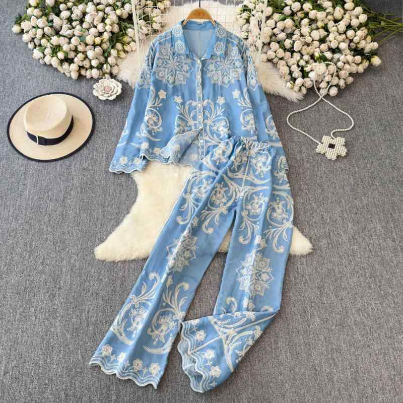 シャツ レディース 春夏 セットアップ 刺繍 高見え 刺しゅう ブラウス トップス ワイドパンツ ハイウエスト スタイルアップ ゆったり