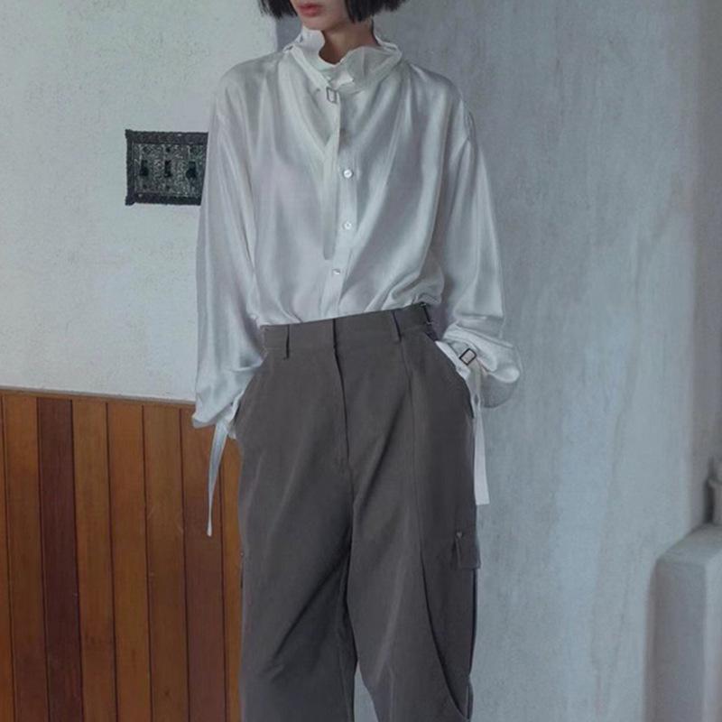 シャツ レディース 韓国風 デザイン 長袖 トップス 高級感 立襟 春秋 モード系 オフィスカジュアル 通勤