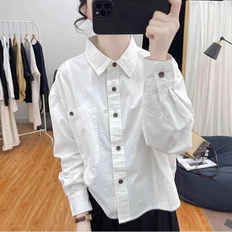 2シャツ レディース 春夏 韓国風 短め コットン ポロ襟 ゆったり 長袖 トップス かわいい 若見え インナー シャツ