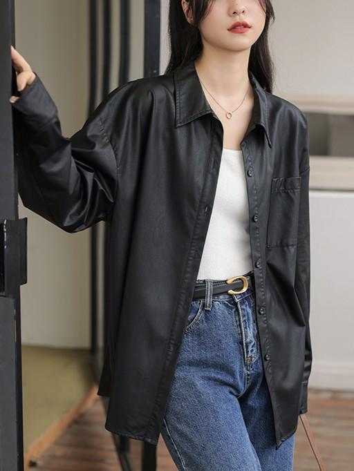 シャツ レディース 春物 韓国風 レトロ 長袖 ブラウス 高級感 カジュアル 気質 アウター トップス PUレザー・主な素材: 綿、ポリエステル・柄: 無地・スタイル: カーディガン・袖丈: 長袖・着丈: 普通(50cm<着丈≤65c...