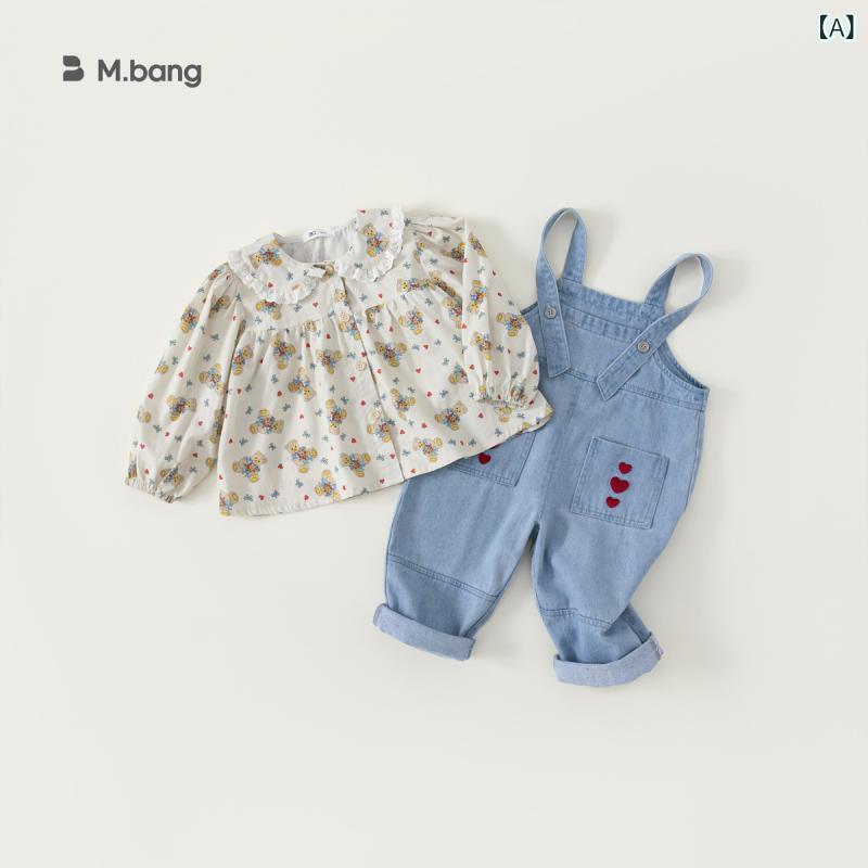 シャツ 女の子 長袖 デニム セットアップ 韓国子供服 オーバーオール パンツ 上下セット かわいい 小童 幼児