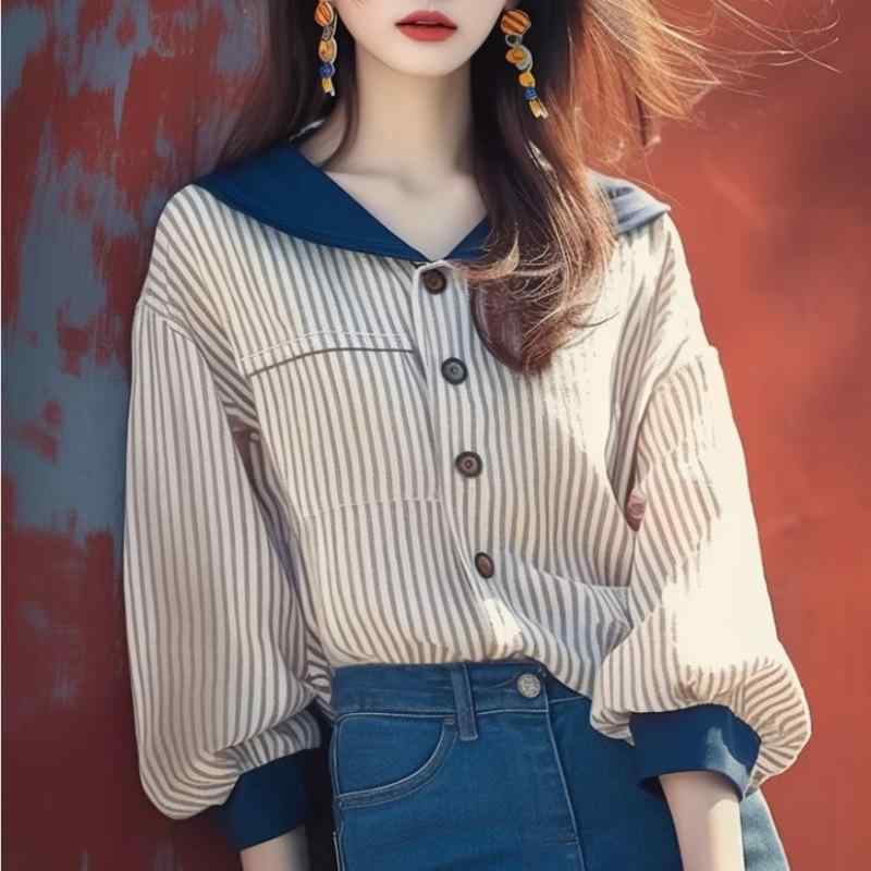 シャツ レディース 韓国風 おしゃれ ゆったり 体型カバー 着痩せ 高級感 アプリコット 海軍襟 ストライプ トップス