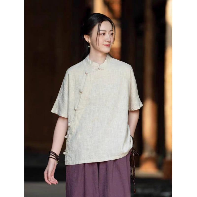 シャツ レディース 禅意 リネン チュニック 禅修服 苎麻 半袖 斜め襟 チャイナボタン 茶服 新中式 トップス