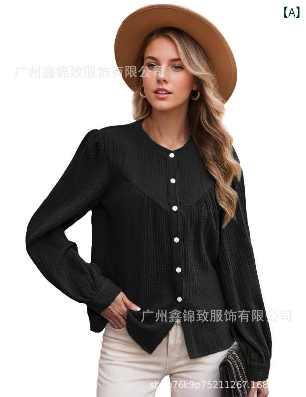 2シャツ レディース 長袖 丸首 ブラウス オフィス カジュアル トップス きれいめ フォーマル フェミニン エレガント 上品 通勤着 普段使い