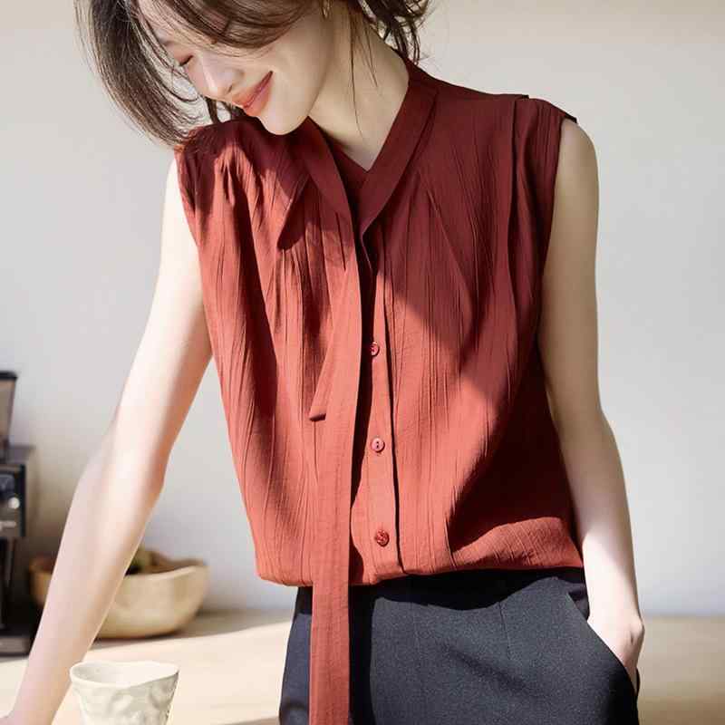 シャツ レディース 韓国風 通勤 普段使い 着痩せ デザイン ネックリボン ノースリーブ トップス