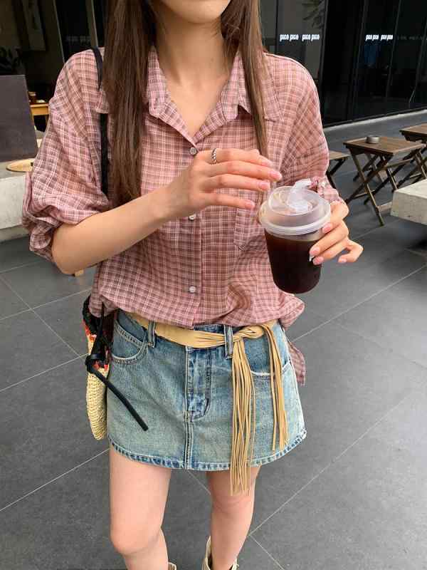 シャツ レディース 韓国風 レトロ 長袖 シャツ ピンク トップス チェック柄 ゆったり 普段使い かわいい ガーリー カジュアル