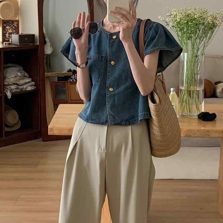 シャツ レディース 半袖 デニム 韓国風 ゆったり スリム デザイン トップス ブラウス