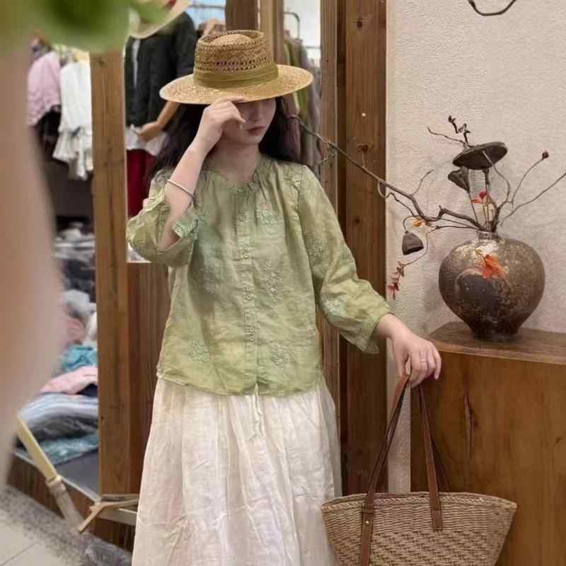 2シャツ レディース 刺繡 麻 リネン トップス 無地 春夏 ゆったり 体型カバー 七分袖 薄手 麻素材 小衫