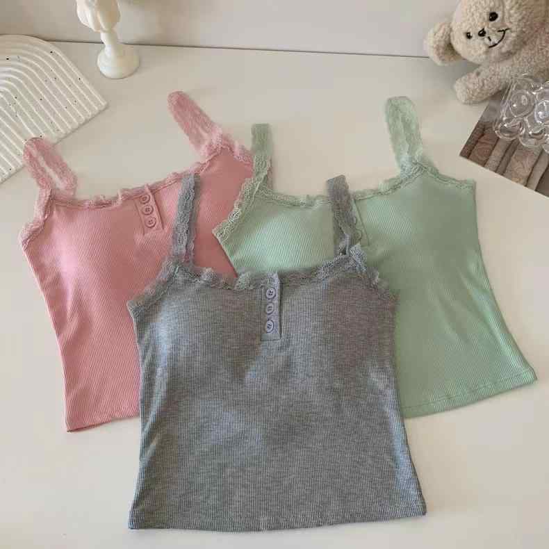 タンクトップ レディース ノースリーブ インナー レース 肩紐 コットン 綿 スリム 着痩せ