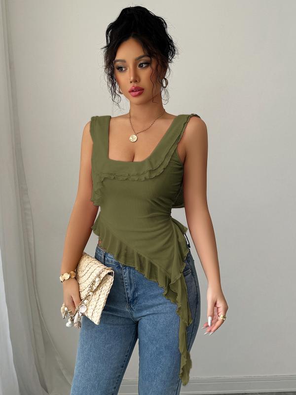 Tシャツ レディース トップス ノースリーブ チュニック 婦人服 ファッション 春夏 接触冷感 吸湿速乾 軽量 普段使い かわいい おしゃれ 裾フリル・款式: 吊带款・版型: 修身型・衣长: 短款(40cm<衣长≤50cm）・图案: ...