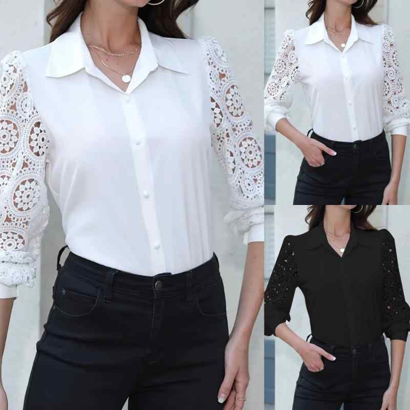 シャツ レディース 春秋 ファッション レース 長袖 襟付き ボタン ブラウス トップス