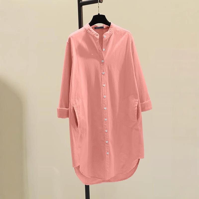 シャツ レディース 長袖 春秋 韓国風 ゆったり デザイン 重ね着風 ミドル丈 コットン