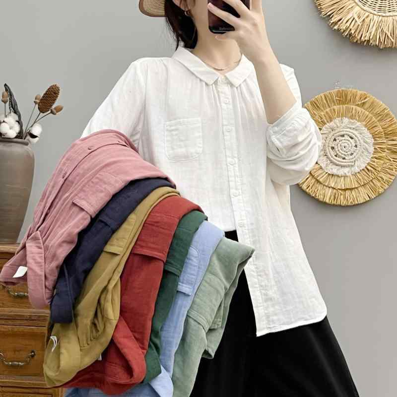 シャツ レディース 2024年 秋物 新着 無地 長袖 ブラウス トップス 二重ガーゼ 文芸風 ゆったり 普段使い