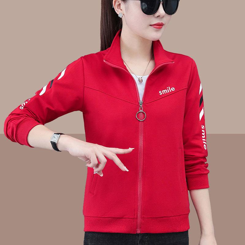 ジャージ レディース 春秋 ミセス ファッション スタンドカラー カーディガン レッド トップス スポーツウェア 運動着 普段使い