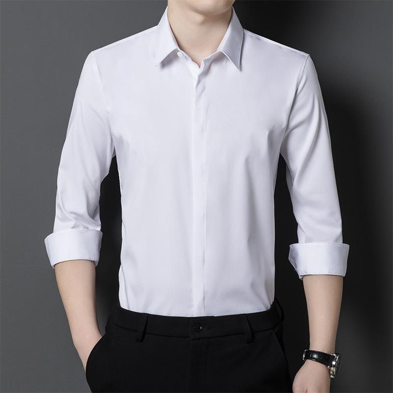 シャツ メンズ 男性用 長袖 竹繊維 形態安定 ストレッチ 無地 ビジネス カジュアル 垂れ感・スタイル: 简约・款式: 开衫・版型: 修身型・领型: 翻领・袖丈: 長袖・柄: 纯色・厚薄: 普通・誤差範囲: 1-2cm・款式细节: 辑明线...