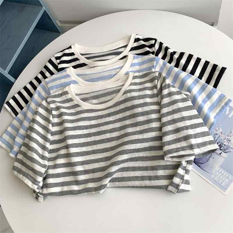 Tシャツ レディース 半袖 ストライプ柄 綿麻風 カットソー 薄手 ラウンドネック 韓国風 トップス 春夏 ゆったり 普段使い かわいい