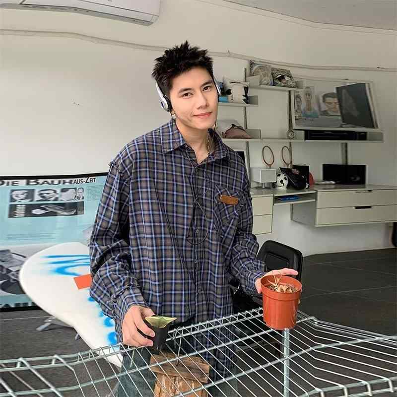 シャツ 男性用 リラックスフィット 長袖 トップス オレンジ系 格子柄 レトロ 韓国風 ゆったり 羽織り