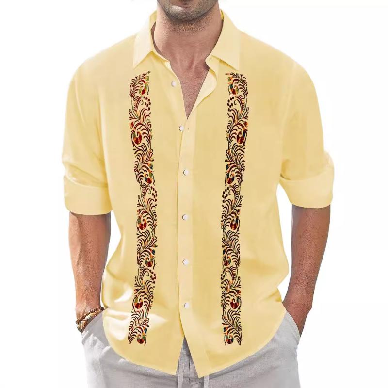 シャツ 男性用 トップス 長袖 刺繡 襟付き リネン 亜麻 カジュアル 春秋