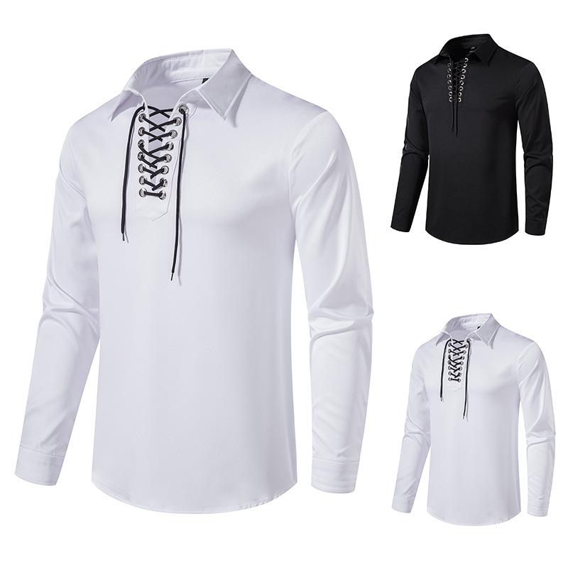 シャツ 男性用 黒 長袖 中世風 翻領 絞り紐 トップス アンダーウェア・素材: 麻類混紡・材質機能: 洗濯機洗い可能・スタイル: ブリティッシュ・フィット: ゆったり・ネックライン: 襟付き・袖丈: 長袖・柄: 無地・厚さ: 普通・ディテ...