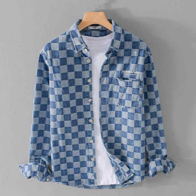 シャツ メンズ 男性用 千鳥格子 デニム 長袖シャツ 宽松 カジュアル 普段使い 部屋着