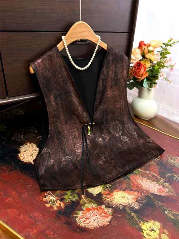 ベスト レディース 夏 エレガント 提花 ジャカード 缎面 サテン ゆるかわ ゆったり トップス カットソー ノースリーブ 接触冷感 裏地付き 重ね着 レイヤードスタイル